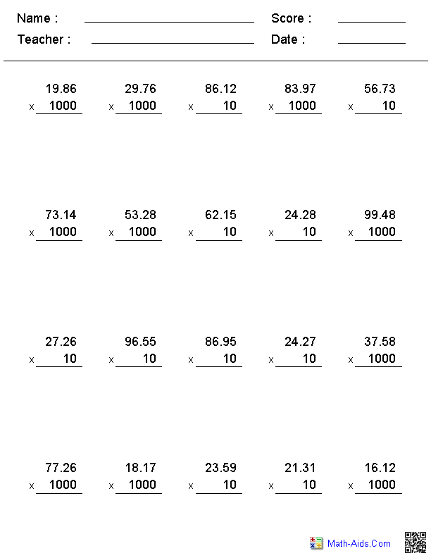 Multiplying Decimals Worksheets 7th Grade Decimals Worksheets Decimal 